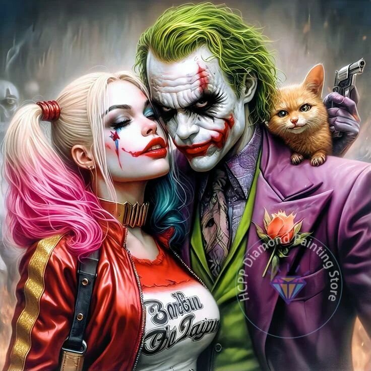 Алмазная картина "J-Джокер и H-Харли Квинн" алмазная огранка 40х40 см,40X40CM, белый