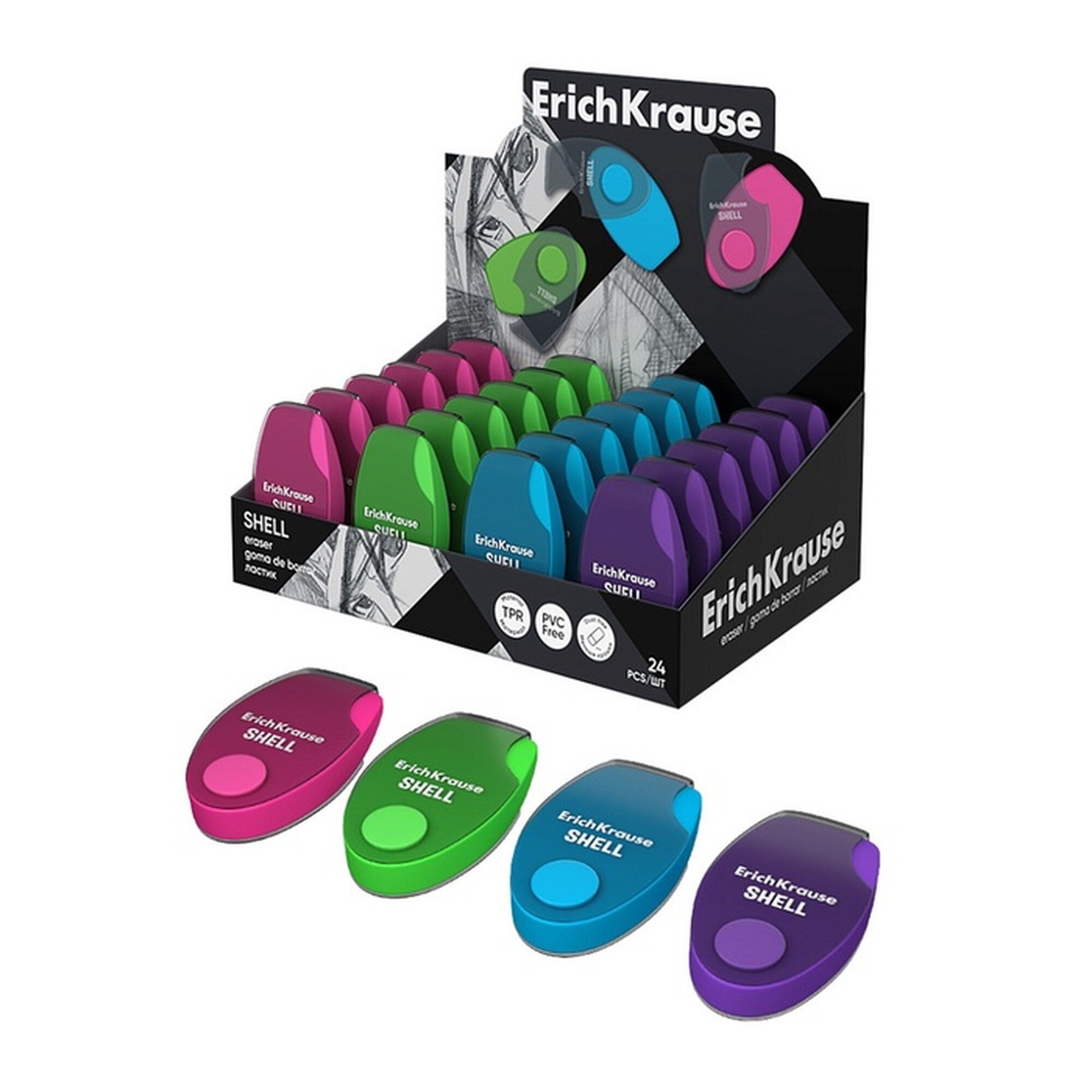 Ластик в пластиковом футляре ErichKrause Shell, мягкий, гипоаллергенный, микс