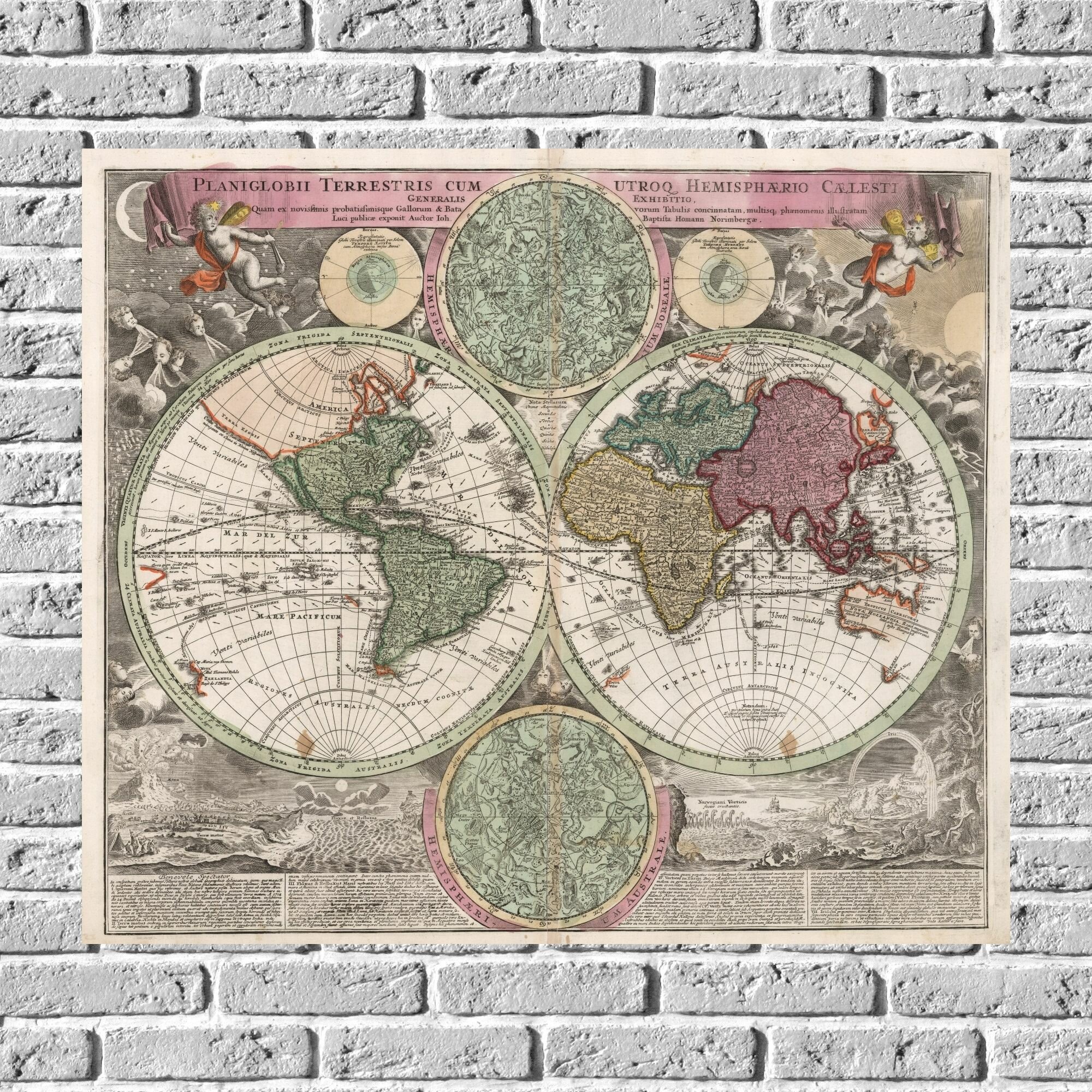 Старинная, 1716 года карта мира Planiglobii Terrestris Cumutroq Hemisphaerio Calesti.
