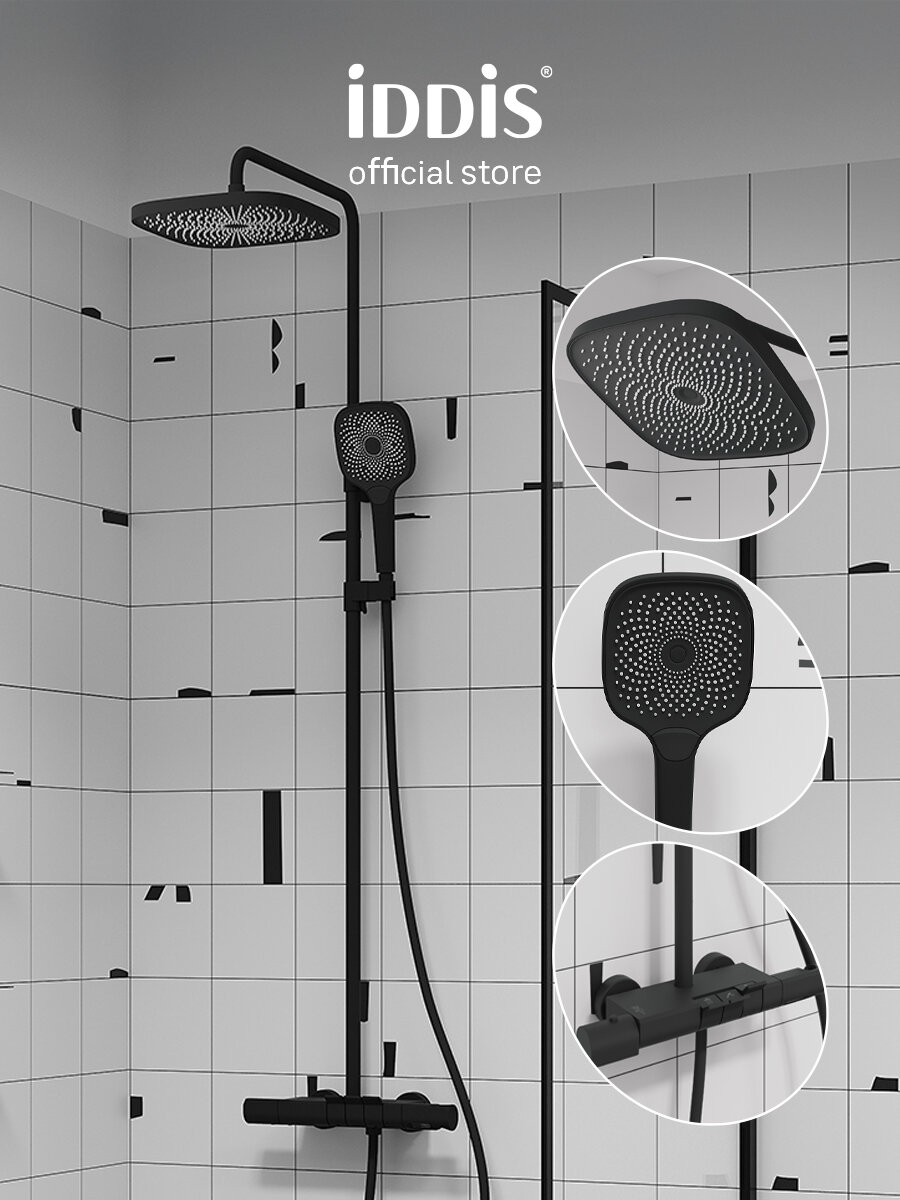Душевая система термостатическая IDDIS SpaHome SPHBLTKi06 с тропическим душем черный матовый с клавишами