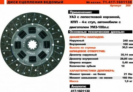 Диск сцепления УАЗ дв 4218 4213 100 л с под лепестковую корзину 4 ст КПП вал 35мм Триал 71.417-1601130