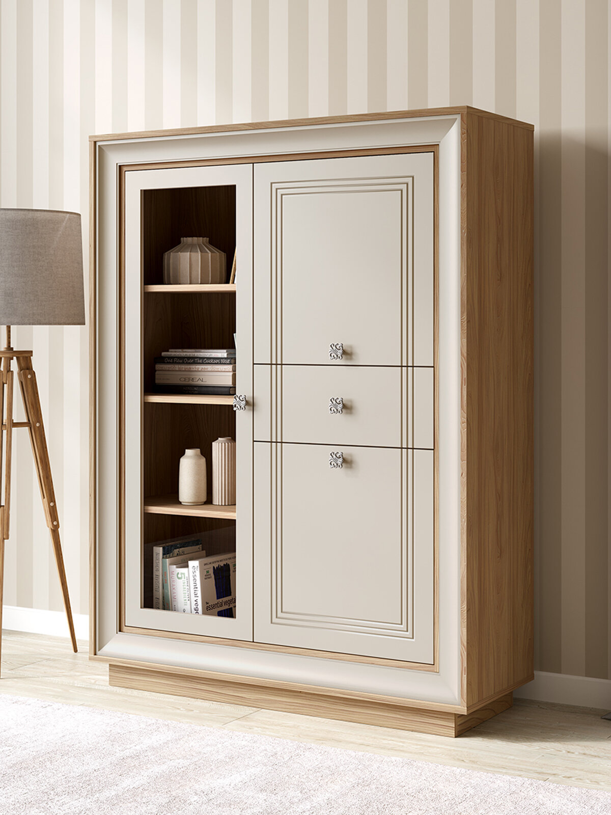 Шкаф-витрина Прато Кураж низкий 110х42,4х145,7 бежевый, вяз с ящиком