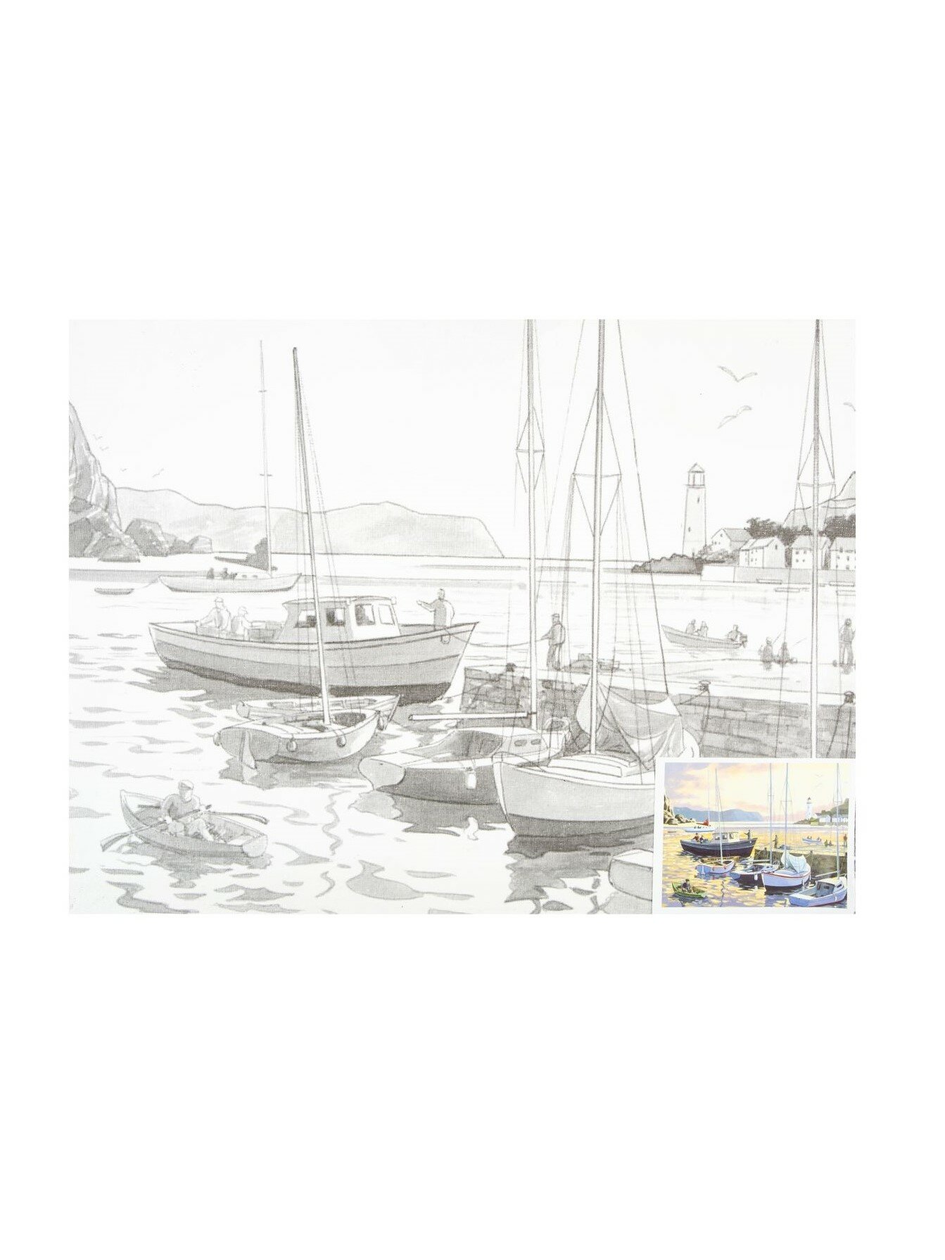 Холст на картоне для рисования с эскизом "Гавань" 30х40см, 100% хлопок