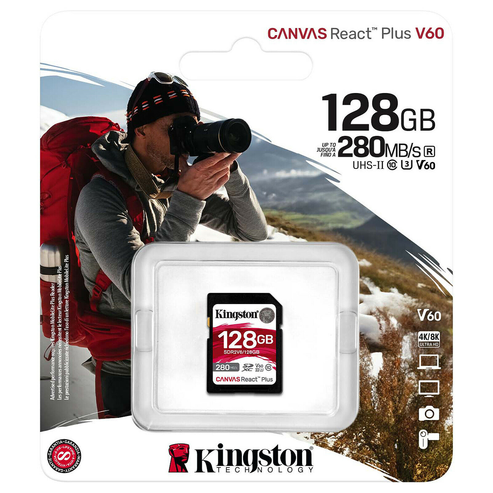 Карта памяти SDXC 128 GB Kingston Canvas React Plus V60, A2, UHS-II U3, R/W 280/100 МБ/с (SDR2V6/128GB)