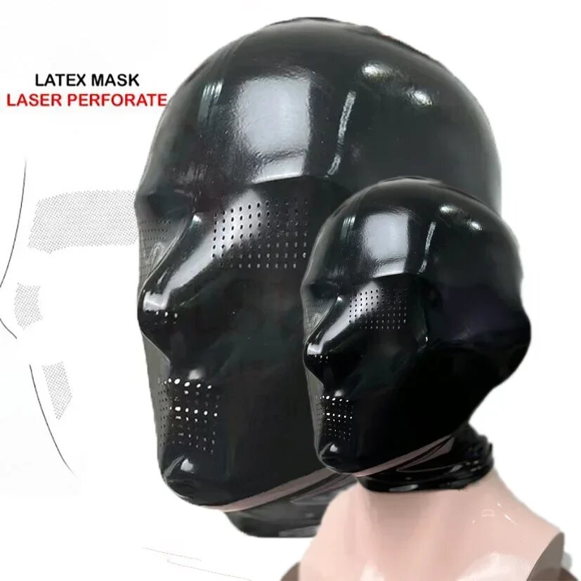 Черная латексная маска с капюшоном Rubberfox, размер L, micro holes