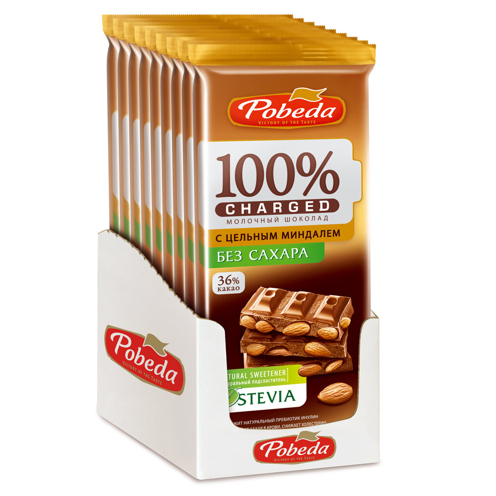 Шоколад Победа вкуса молочный без добавления сахара с цельным миндалем "Чаржед", 90 г / 12 шт