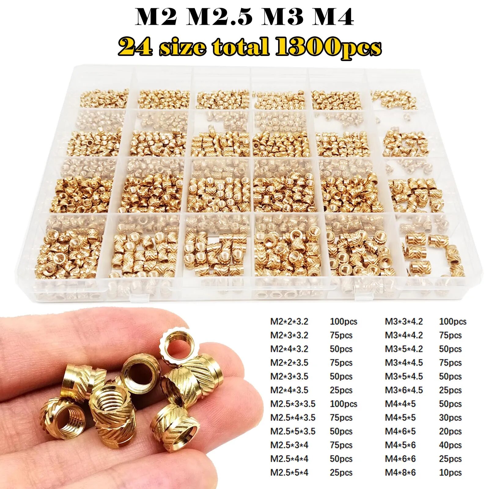 Набор медных латунных вставок Michastu M1.2-M6 M2M2.5M3M4 1300pcs