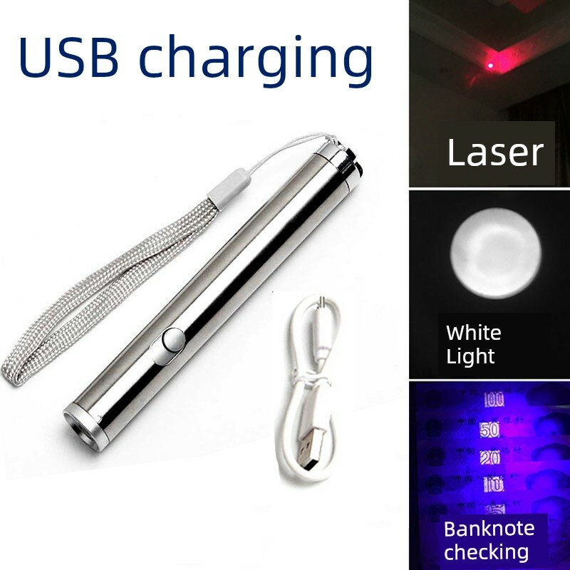 USB-заряжаемый мини-фонарик из нержавеющей стали с LED-лазером и УФ-проверкой банкнот, 3 в 1, в серебристой OPP-упаковке