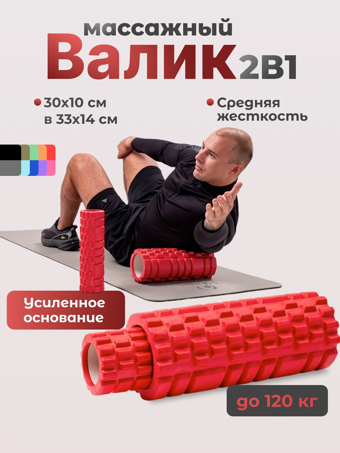 Валик для спины / Shappa Fit / 2в1, 33 см, усиленное основание, мфр ролл, ролик массажный
