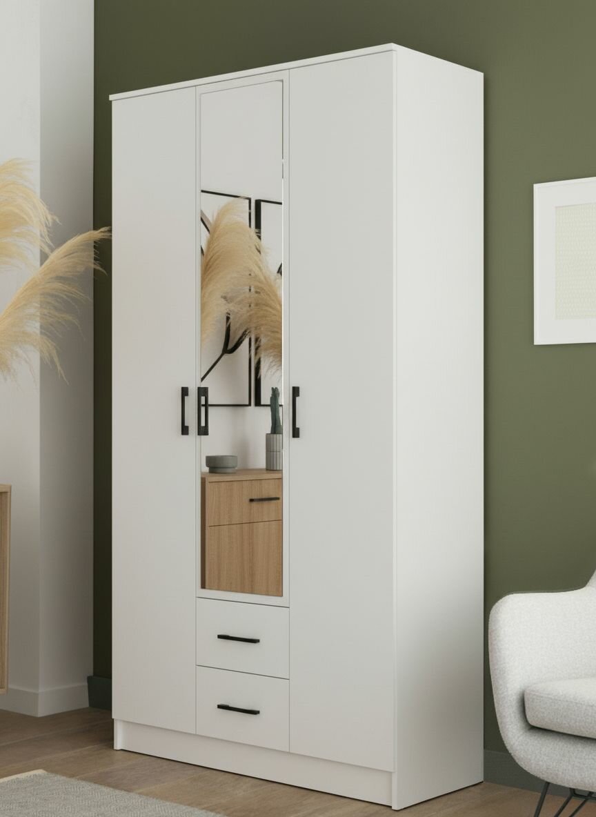 Шкаф Трио Белый гладкий, ЛДСП, с полками, ящиками, штангами, для спальни, гостиной, прихожей 1200х2200х487 ЭРА
