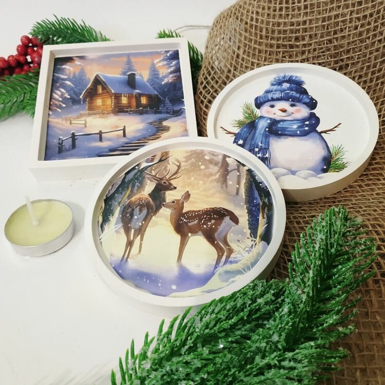 Серия подсвечников: "голубая зима", Круглый "Олени" 100х100 мм