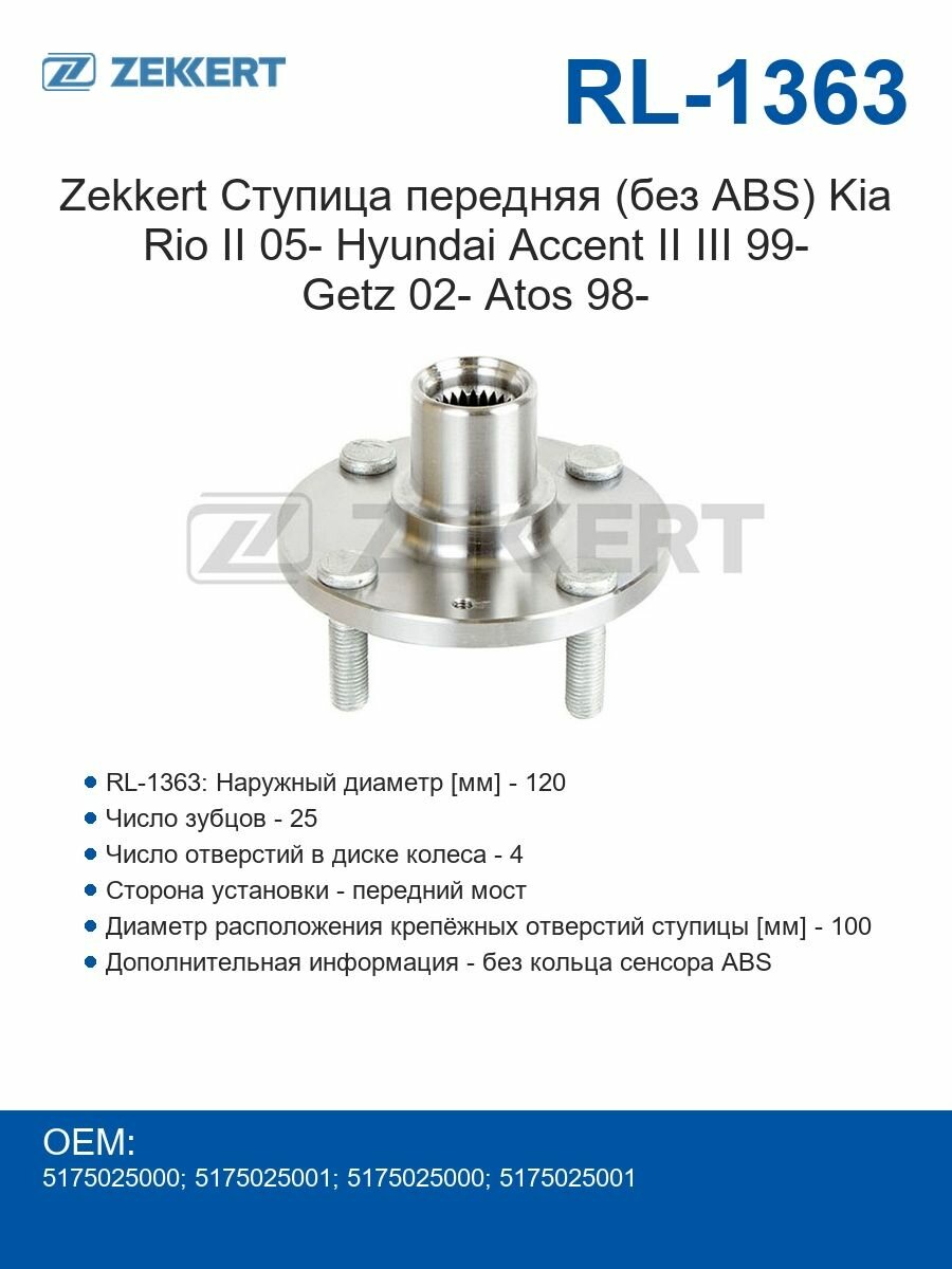 Zekkert Ступица передняя (без ABS) Kia Rio II 05- Hyundai Accent II III 99- Getz 02- Atos 98-