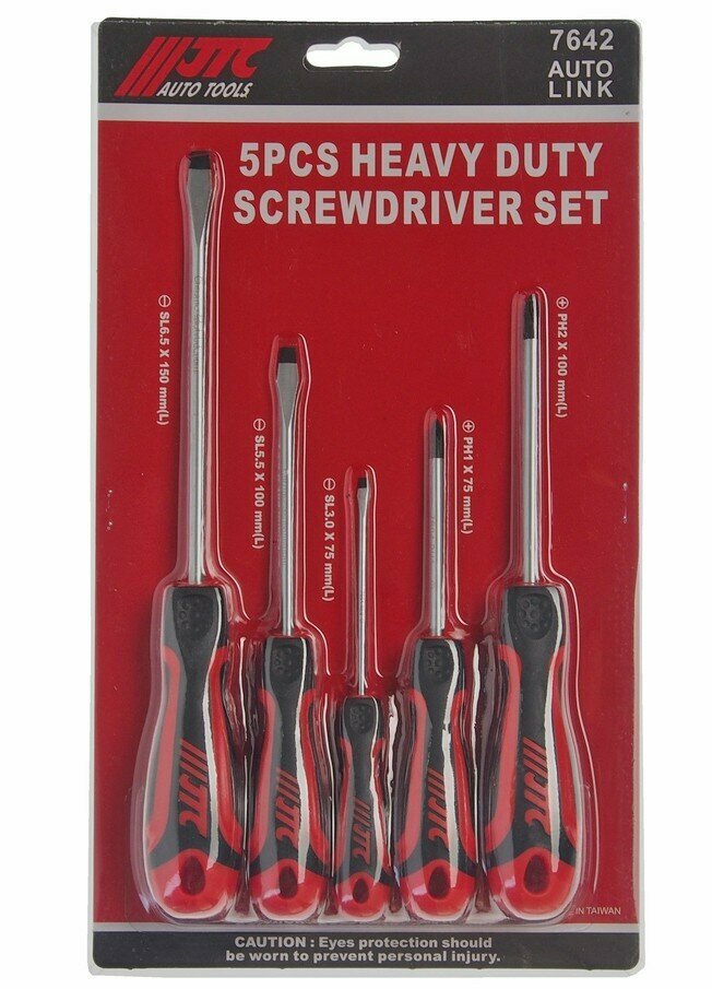 JTC-7642 Набор отверток усиленных 5пр, SL3.0x75, SL5.5x100, SL6.5x150, PH1x75, PH2x100