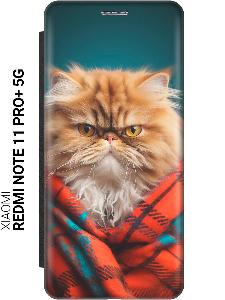 Чехол-книжка на Xiaomi Redmi Note 11 Pro+ 5G / Xiaomi 11i / Сяоми Редми 11 Про+ 5г / Ксиаоми 11и с рисунком "Недовольный котик" черный