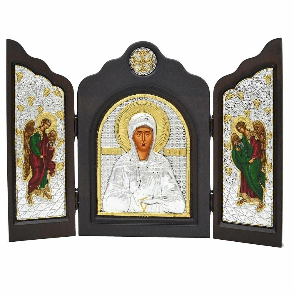 Икона Матроны Московской с Архангелами. Складень в серебряном окладе. (24 х 34 см / С позолотой на серебряном окладе / 34 см)