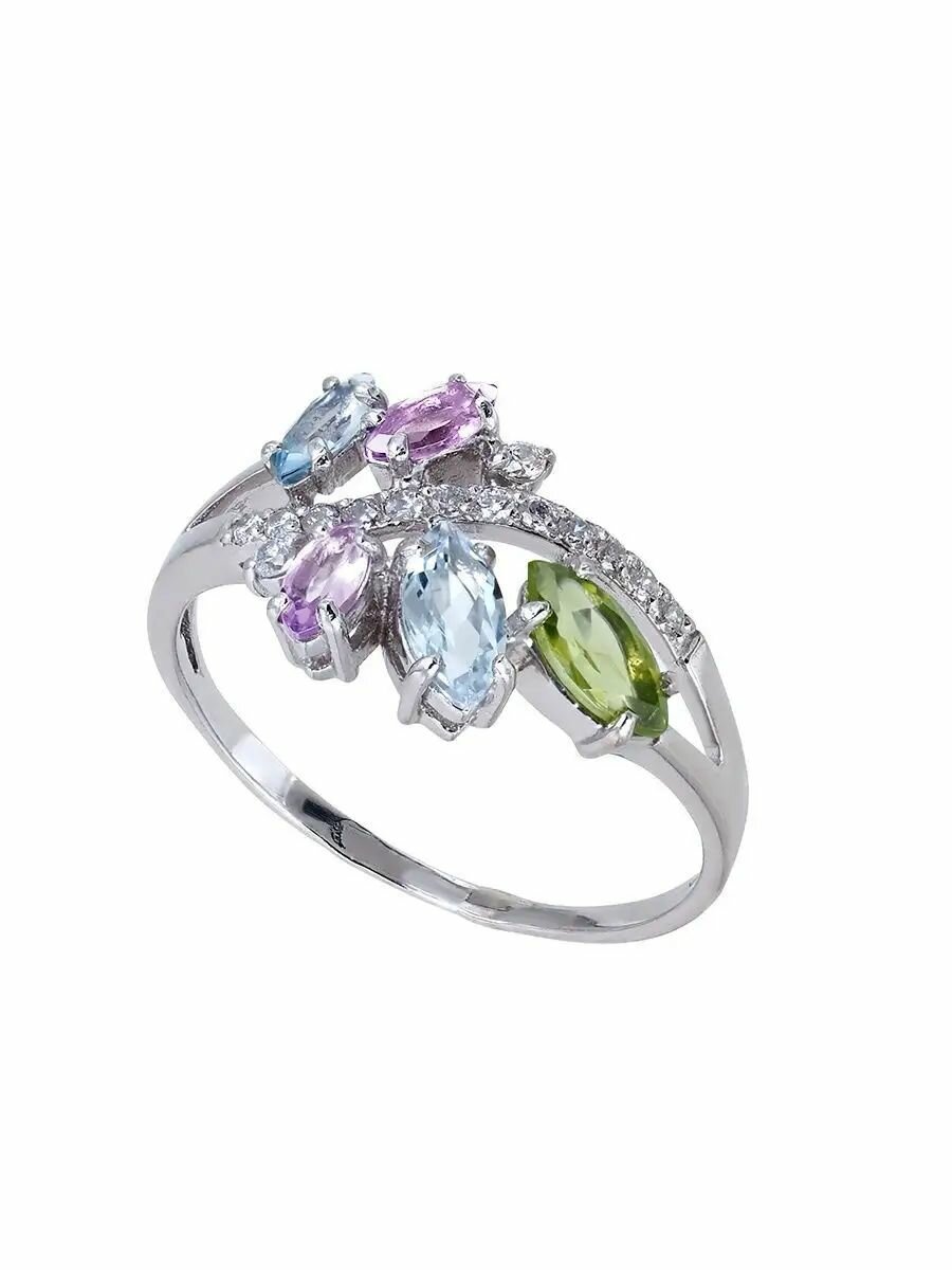 Кольцо тонкое, серебро, 925 проба, родирование, аметист, фианит, топаз, хризолит