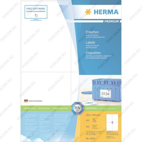 HERMA 4676 Этикетки самоклеющиеся Бумажные А4, 105.0 x 148.0, цвет: Белый, клей: перманентный, для печати на: струйных и лазерных аппаратах, в пачке: 100 листов/400 этикеток