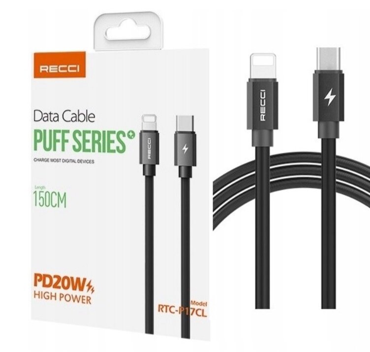 Кабель для быстрой зарядки и передачи данных Recci Puff Series, Type-C to Lightning, PD20W, 1.5 м, Черный