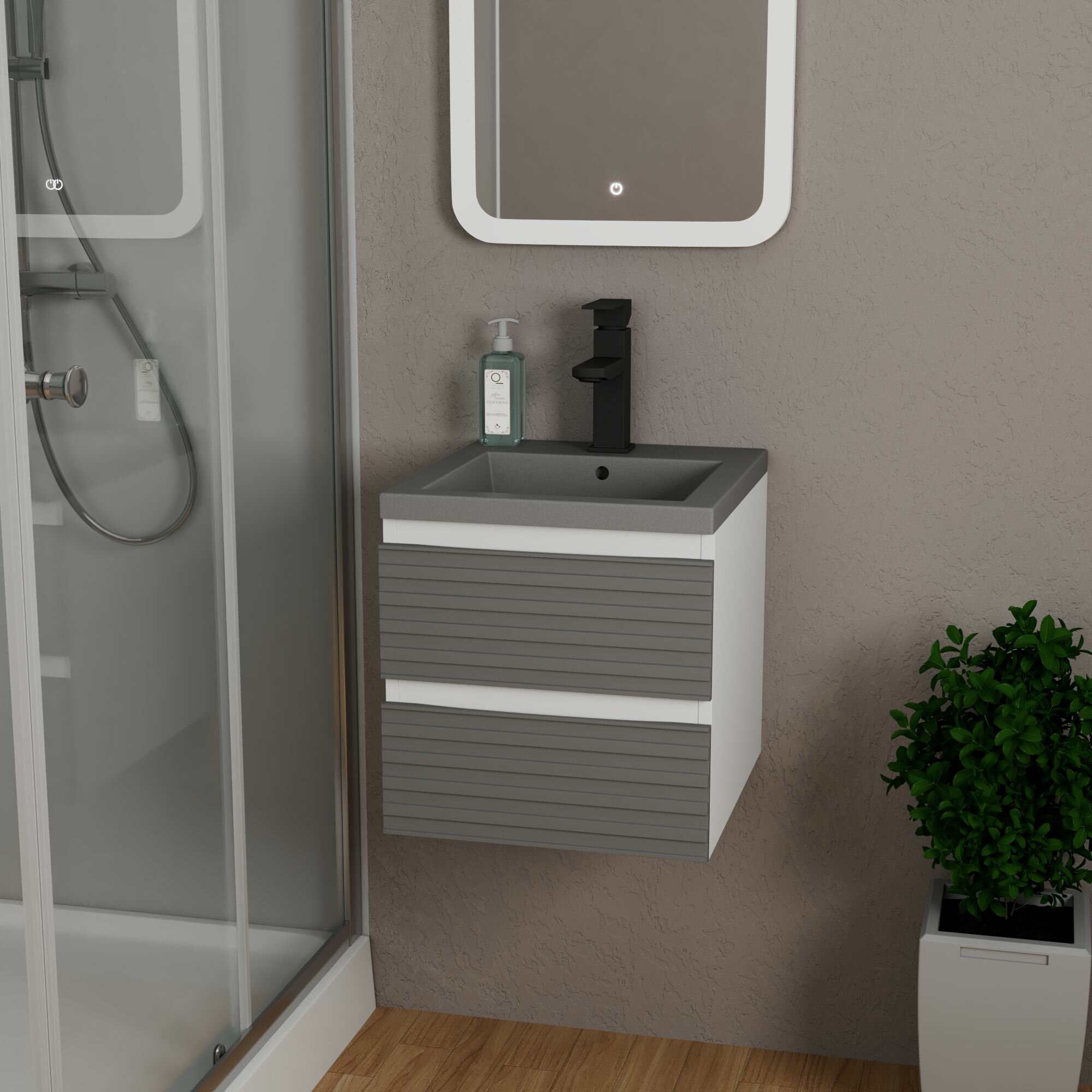 Тумба под раковину Bau Stil Loft grey brushed, раковина кварцевая BAU Stil 40, серый металлик, смеситель Hotel Black, черный