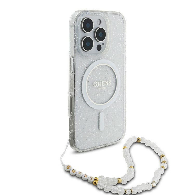 Guess чехол с ремешком из бисера для iPhone 16 Pro Max, PC/TPU Glitter прозрачный/с блестками (MagSafe)