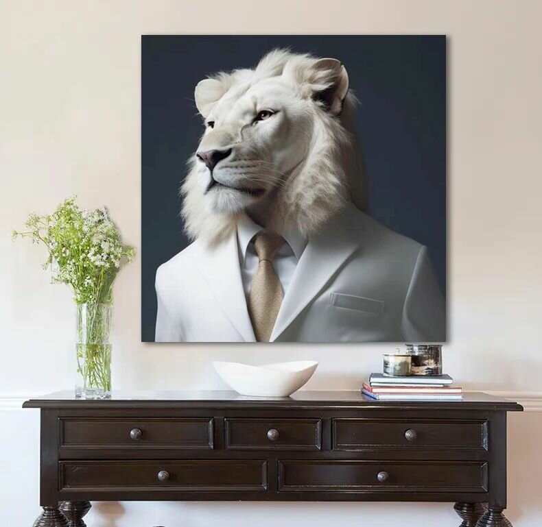 Картина лев, лев и львица, семья львов, лев в костюме, 40х40