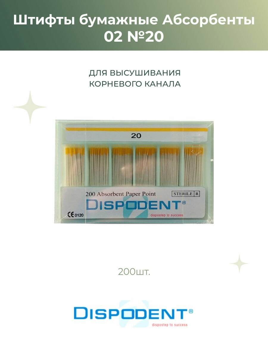 Штифты эндоканальные абсорбирующиеся бумажные Dispodent 02 №20, 200шт