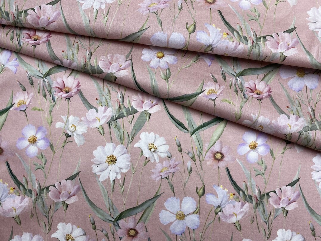 Ткань Батист персикового цвета с принтом полевые цветы 14179