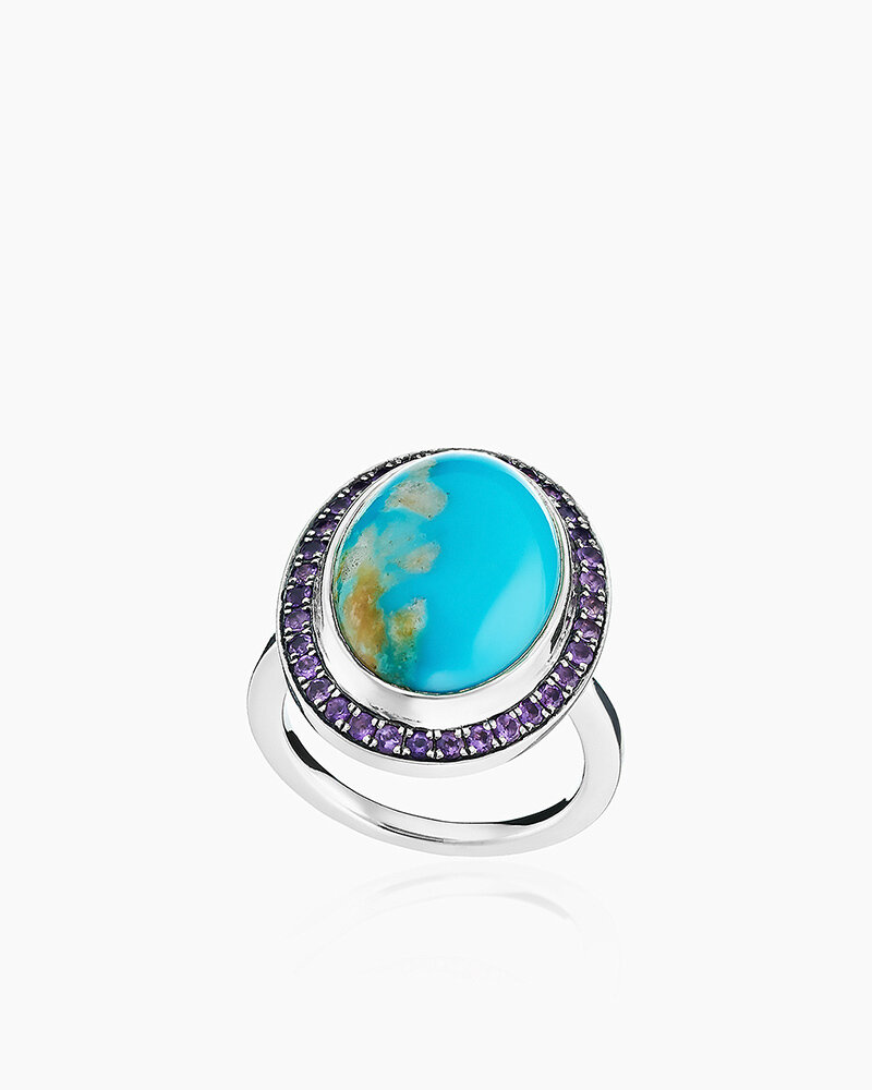 Кольцо, серебро, 925 проба, чернение, золочение, бирюза, аметист