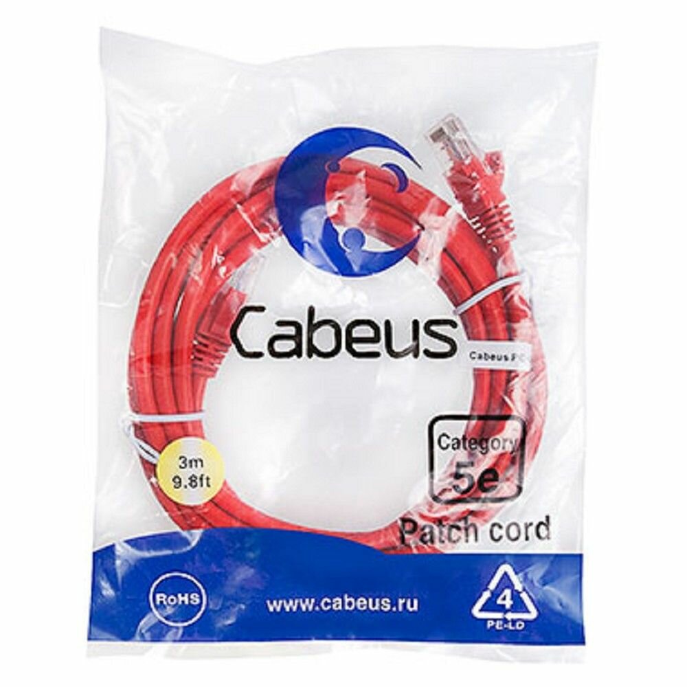 Cabeus Патч - корд PC - UTP - RJ45 - Cat.5e - 3m - RD, красный, PVC, 3м