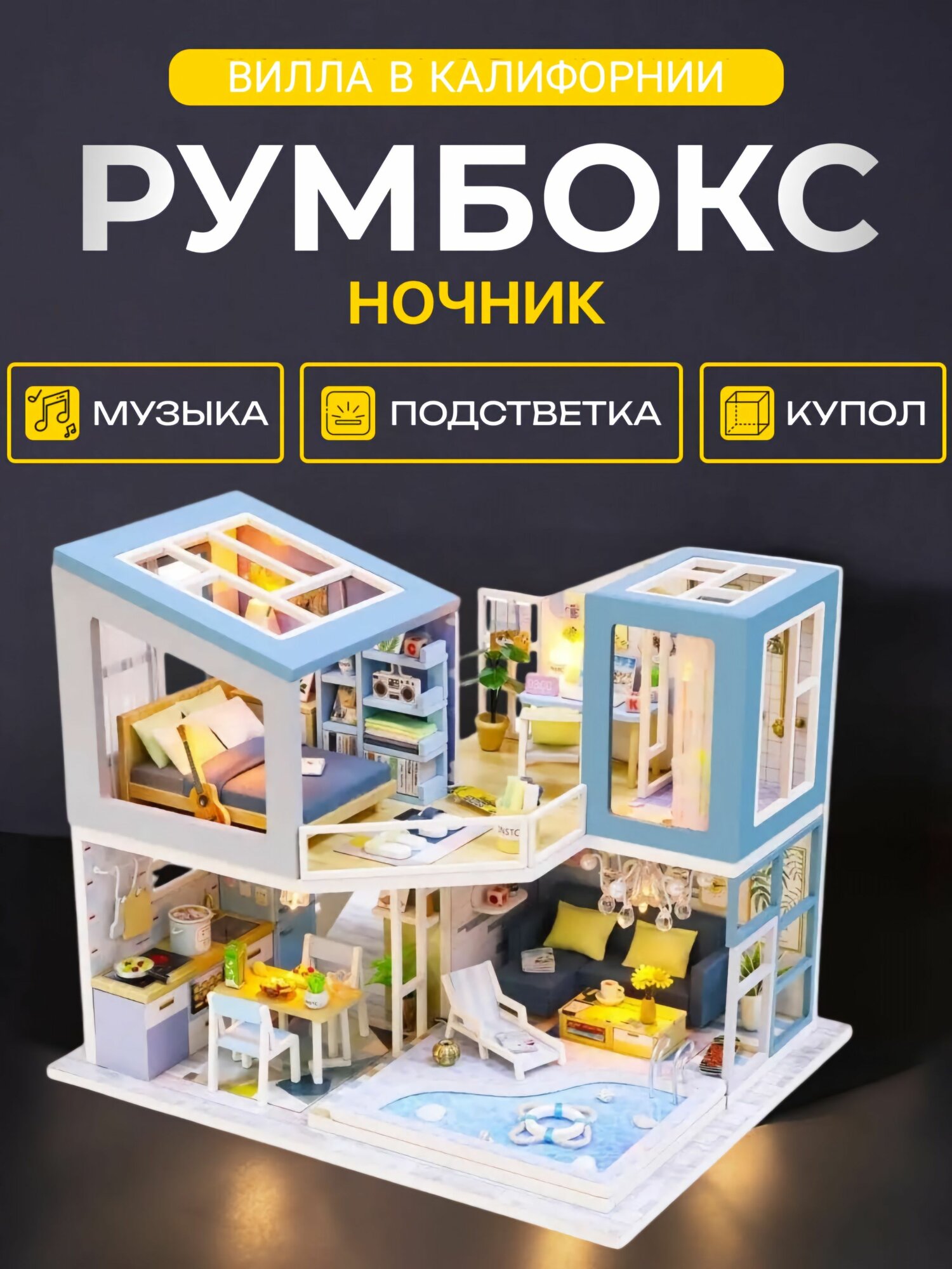 Румбокс DIY. Подарочный интерьерный конструктор Hongda "Дом на улице Роз", сборная модель дома со светом и куполом.