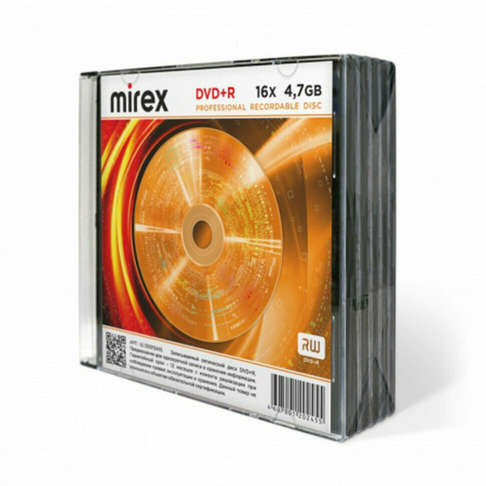 Диск DVD+R (плюс) MIREX, 4,7 ГБ, 16x, Slim Case, комплект 5 шт, UL130013A1F, 514013