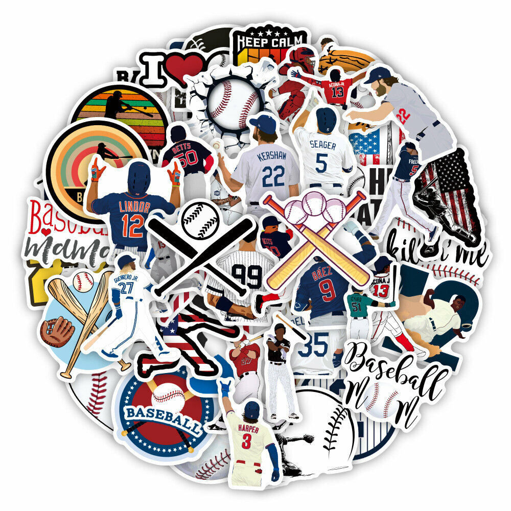 Набор из 50 наклеек на бейсбольную тему для подростков и спортивных болельщиков. Водонепроницаемые виниловые наклейки с изображением бит, перчаток и игроков для ноутбука, шлема, скейтборда, бутылки с водой, блокнота и багажа.