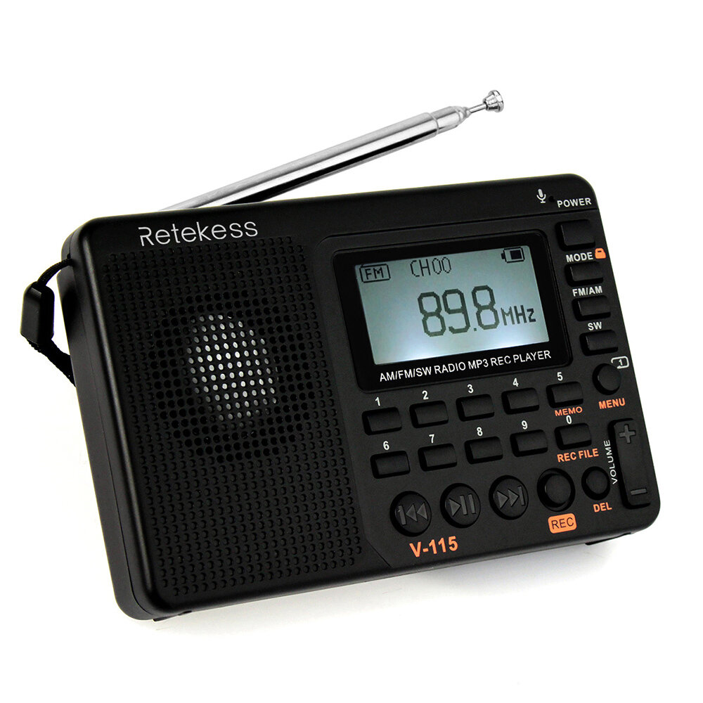 Радиоприемник Retekess V-115 черный, полоса частот AM SW, запись, воспроизведение MP3 WMA, Micro SD TF до 32GB, выходная мощность 2W, батарея BL-5C 1000mAh, зарядка 5V USB, кросс-бордерное снабжение