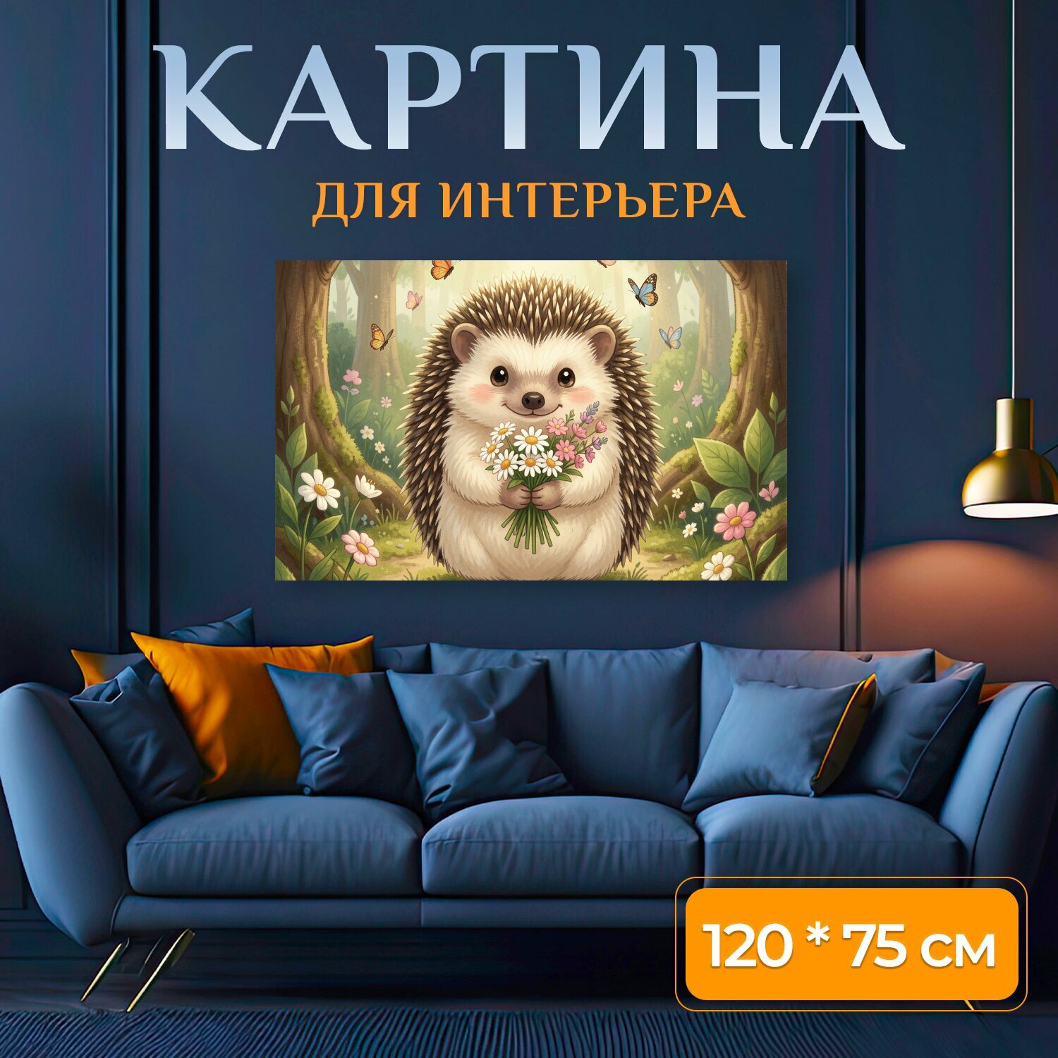 Картина на холсте "Ежик с букетом в лесу. Милый лесной зверёк с букетом полевых цветов среди зелени, бабочек и солнечных лучей. Нежная." на подрамнике 120х75 см. для интерьера