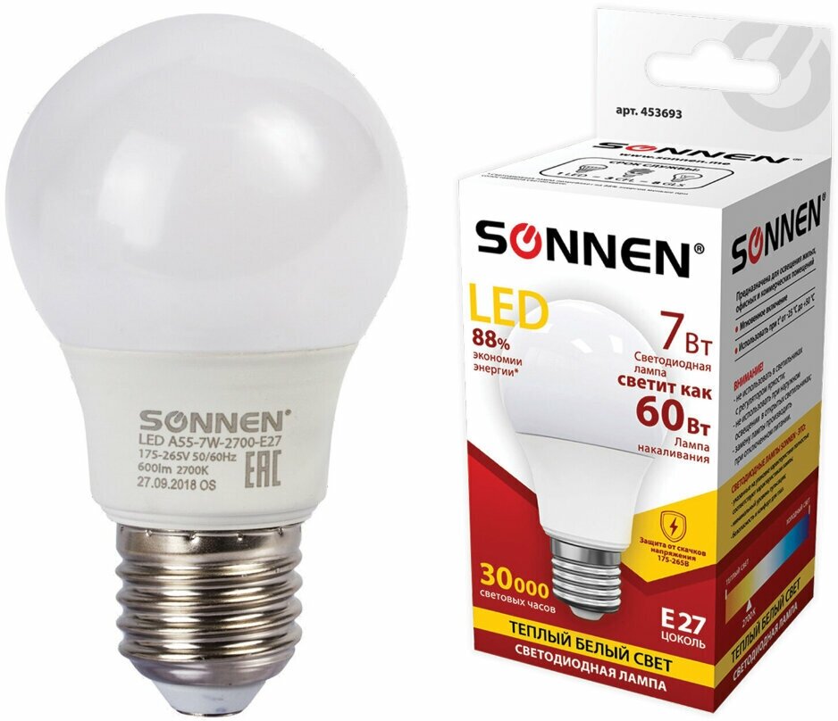 Лампа светодиодная SONNEN, 7 (60) Вт, цоколь E27, груша, теплый белый свет, 30000 ч, LED A55-7W-2700-E27, 453693, 453693