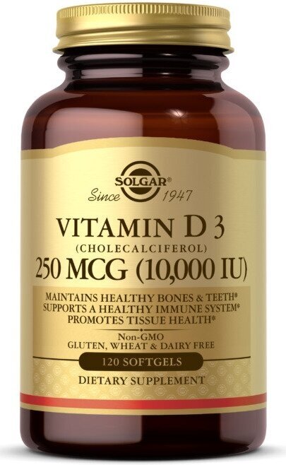 Solgar Vitamin D-3 (Cholecalciferol), Витамин Д-3 (Холекальциферол) 250 мкг (10000 МЕ) 120 гел. капсул