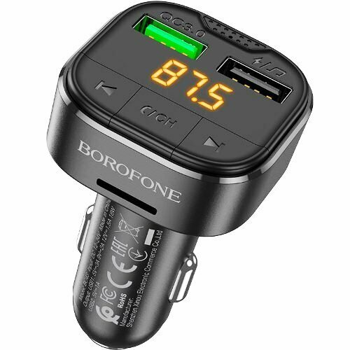Автомобильный адаптер USB-AA 3.0А 2 порта FM трансмиттер Borofone BC43 Black зарядка 18W QC3.0 плеер BT