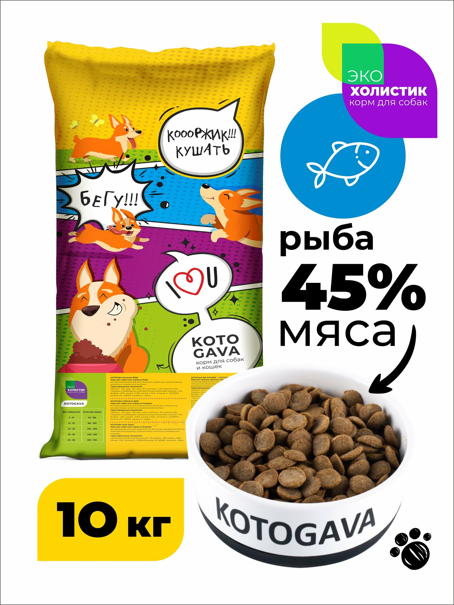 KOTOGAVA сухой корм для собак 45% белой рыбы, холистик 10кг