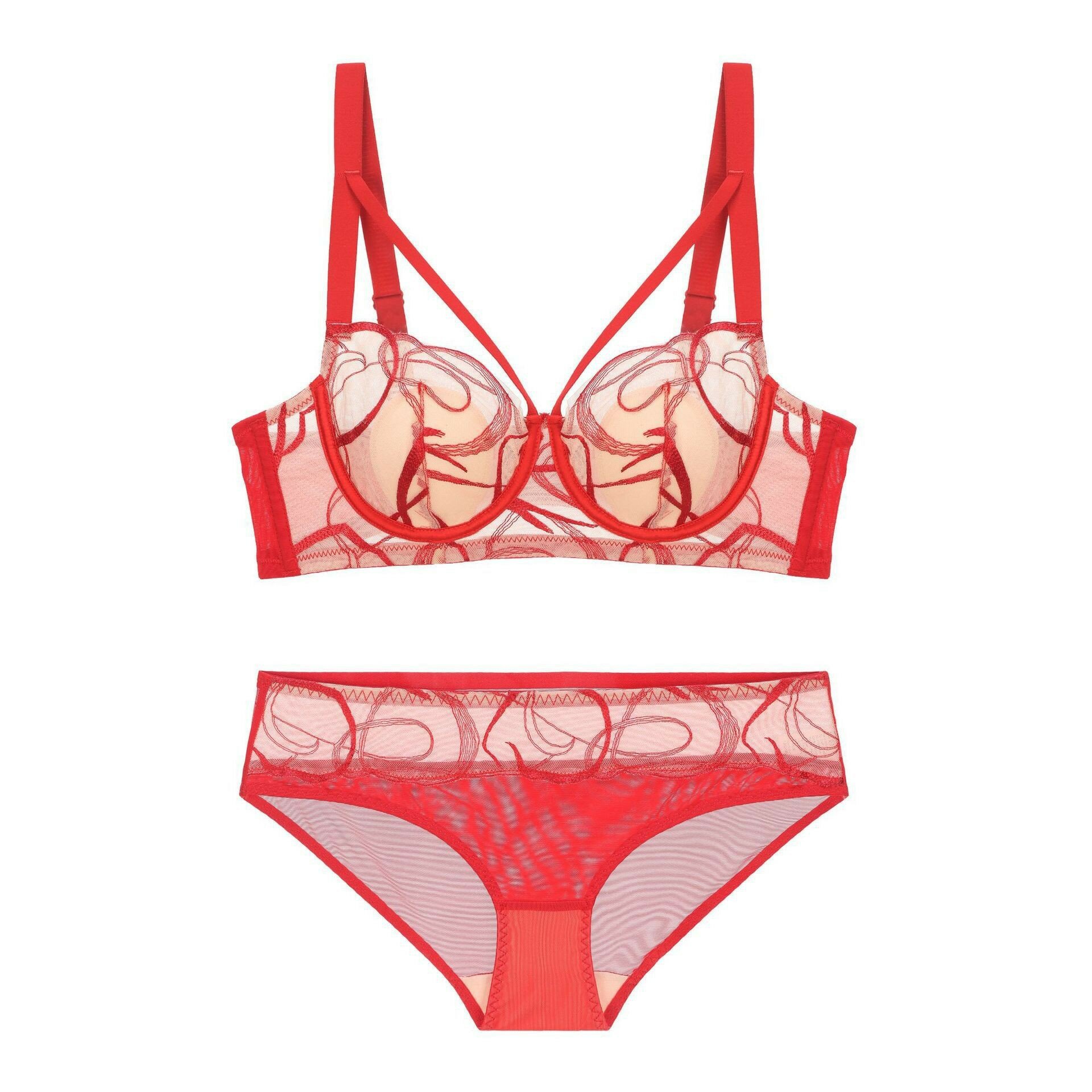 Нижнее белье во французском стиле, женственный комплект из кружева и бюстгальтера с вышивкой тушью, тонкий хлопок, чашечки с «заячьими ушками», выгодно подчеркивает большую грудь. Красный.