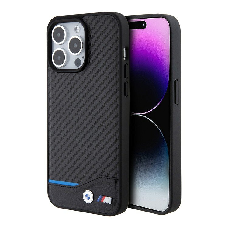 Чехол BMW для iPhone 15 Pro Max, PU-кожа M-Collection Carbon blue line черный
