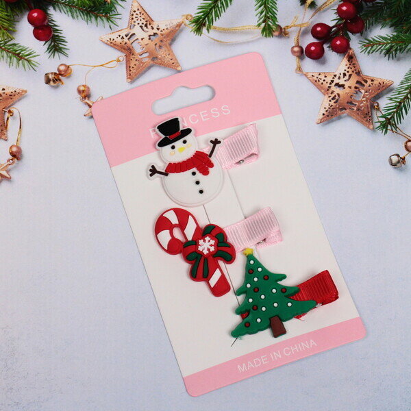 Зажимы для волос КНР "Podarki Grad", Новогоднее веселье, 3 см, 3 шт
