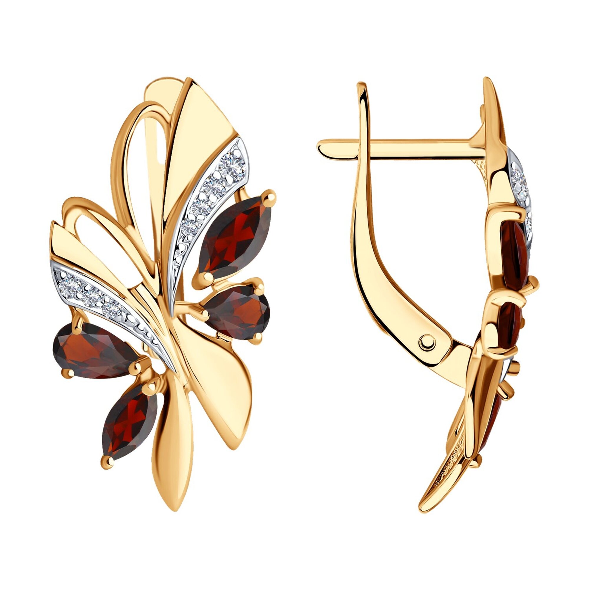 Серьги, красное золото, 585 проба, фианит, гранат