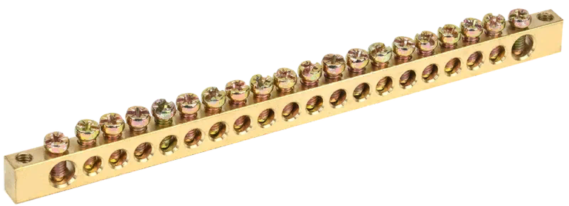 Шина IEK / ИЭК PEN земля-ноль 6х9мм 20/2, крепеж по краям, латунь, 138х6х9мм, 100А, YNN11-20-100, соединитель проводов