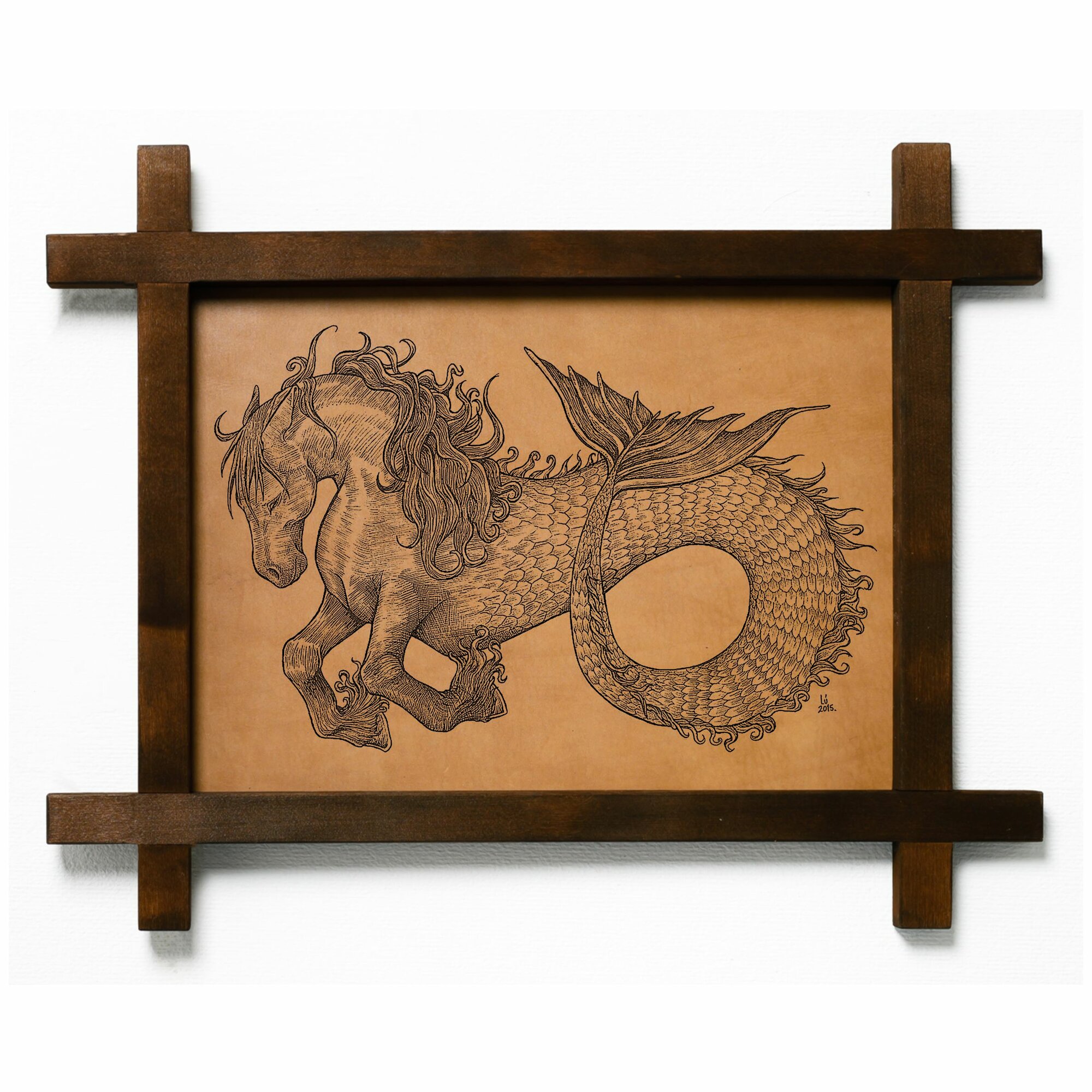 Картина интерьерная, натуральная кожа, "Гиппокампус", в деревянной раме, BoomGift