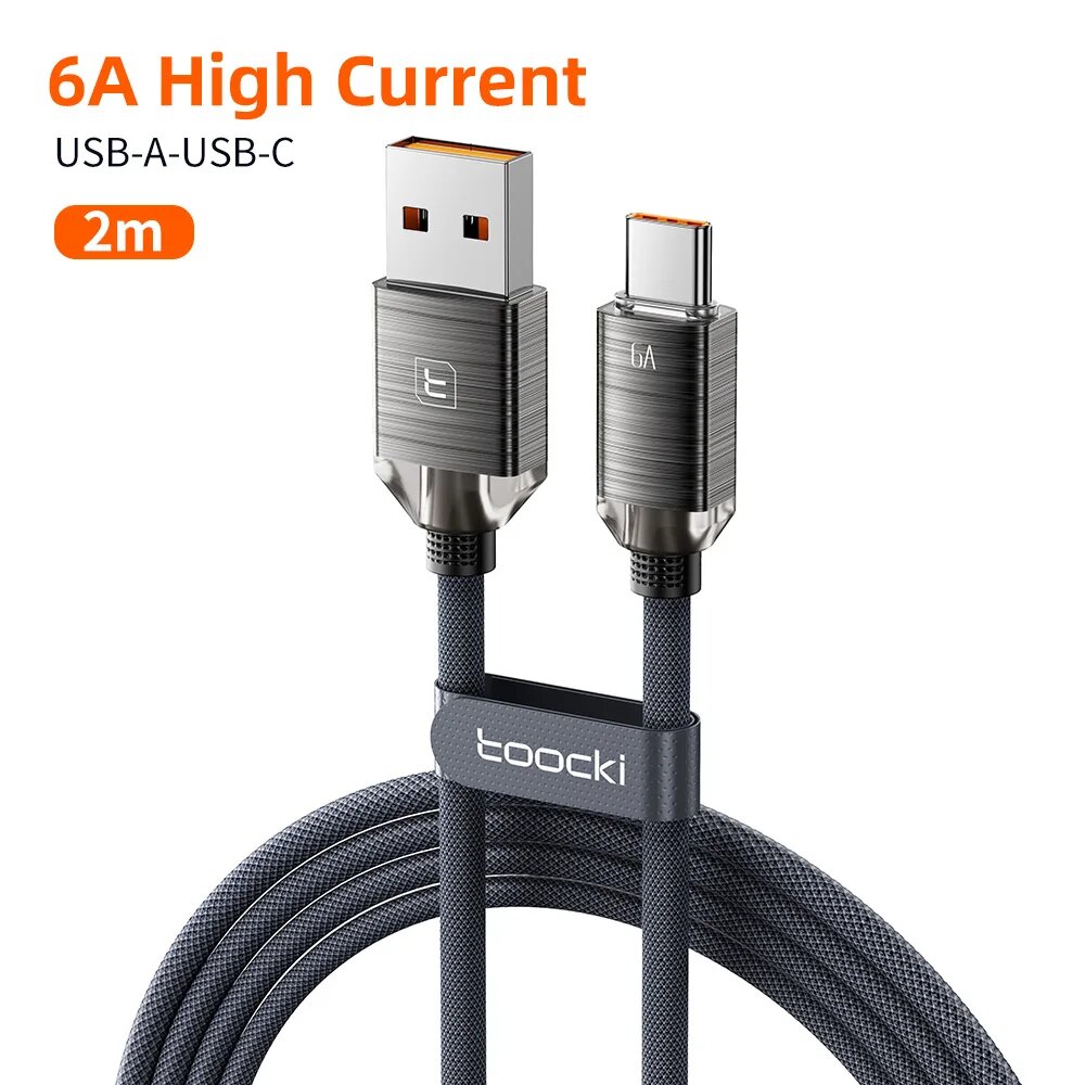 Toocki кабель USB-A на USB-C 6A, 2м, черный
