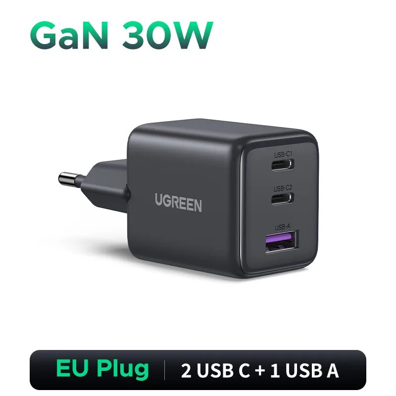 Зарядное устройство UGREEN 30 Вт GaN, 3 порта, PD 3,0, USB C, зарядное устройство для EU GaN 30W