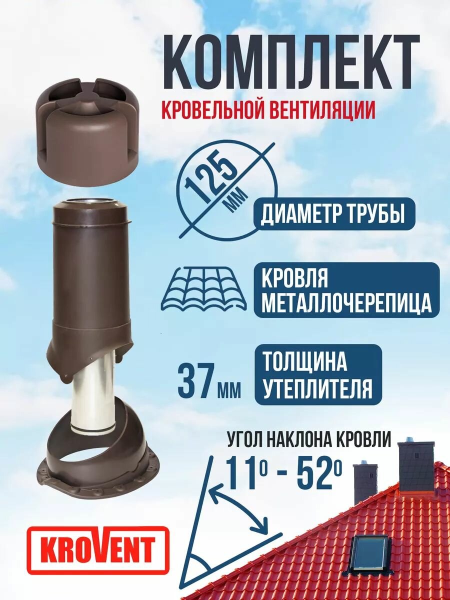 Комплект утепленной вентиляции для металлочерепицы 125/500мм, KROVENT, RAL8017