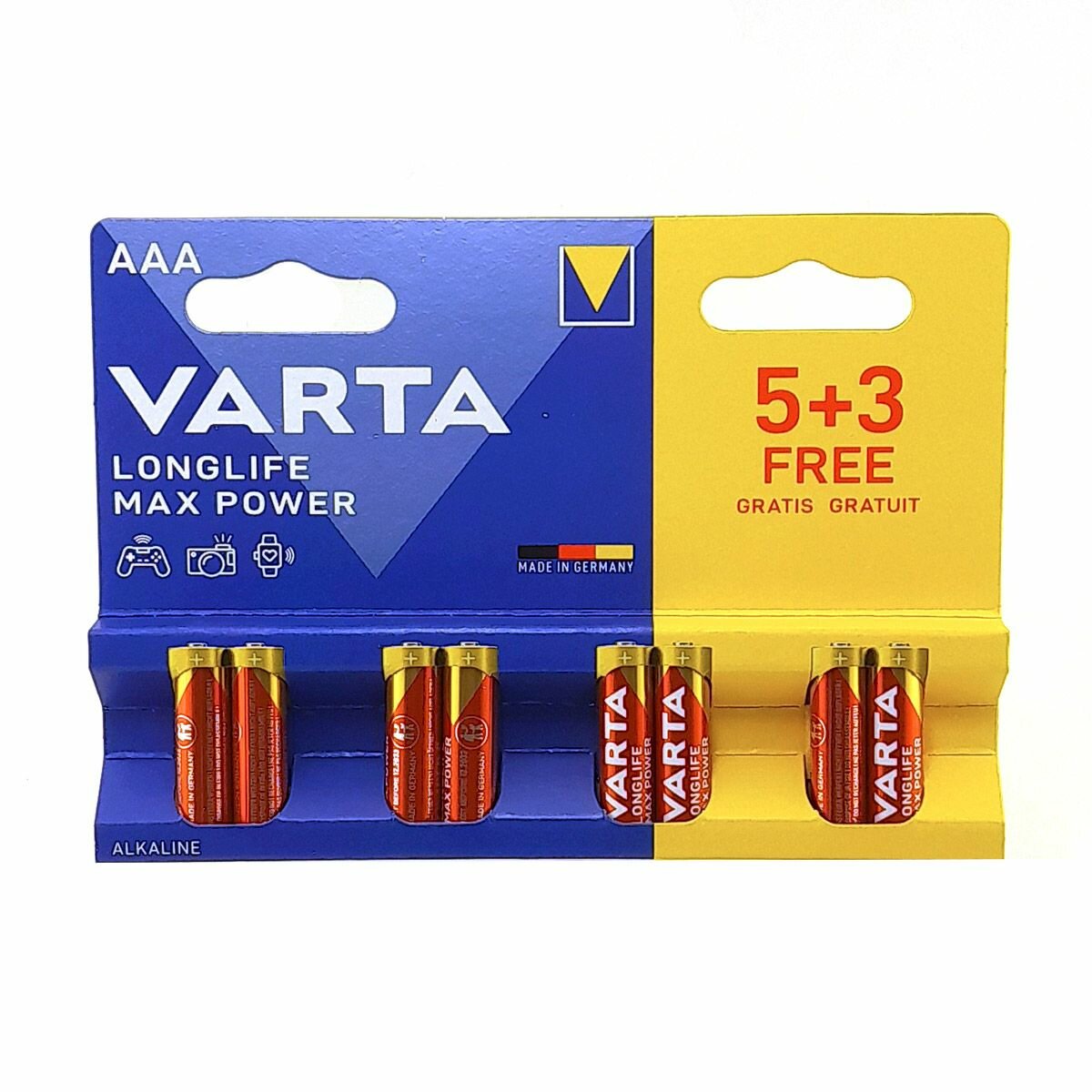 Батарейка (16шт) щелочная VARTA LR03 AAA LongLife Max Power 1.5В (5+3)(2*бл8)