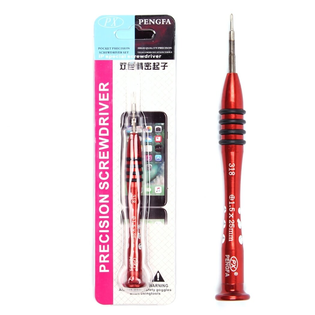Отвертка прецизионная №318 для внутренних винтов iPhone/Samsung, 1,5х25 мм, красная ручка с резиновыми кольцами