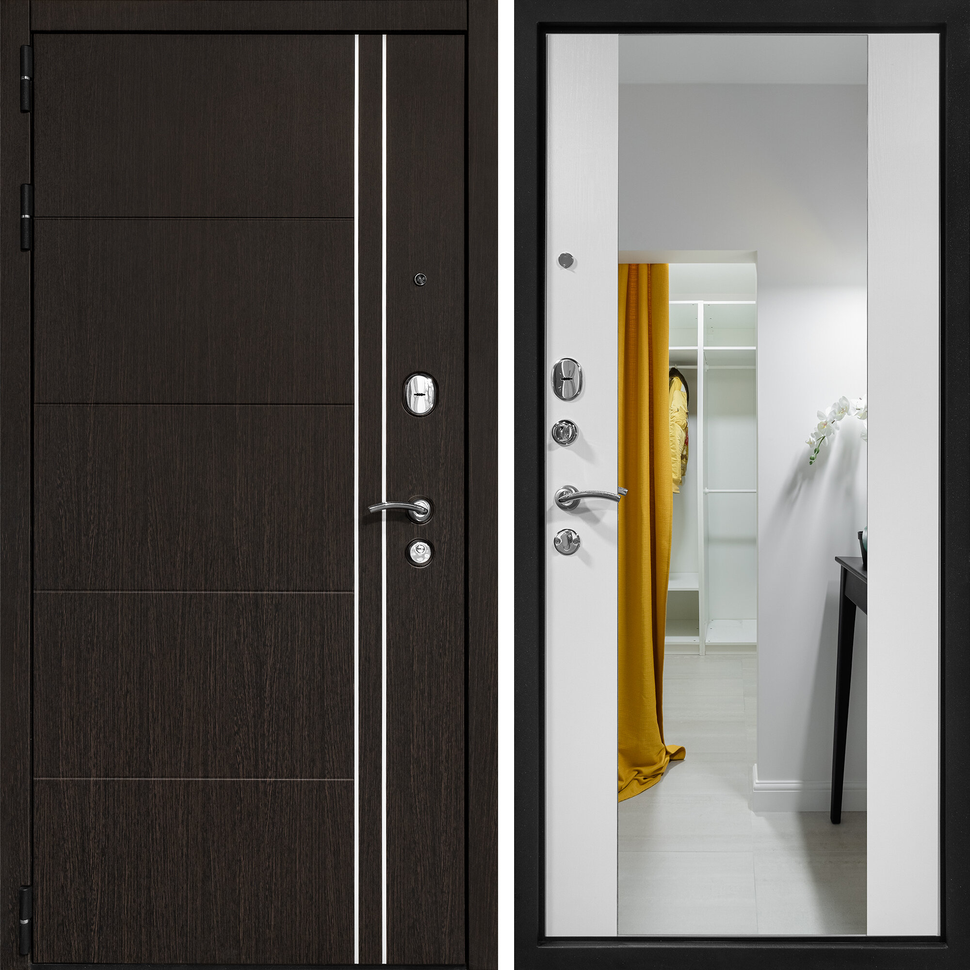 Входная металлическая дверь Скандия 860х2050 правая наружу Венге/Белое дерево с зеркалом